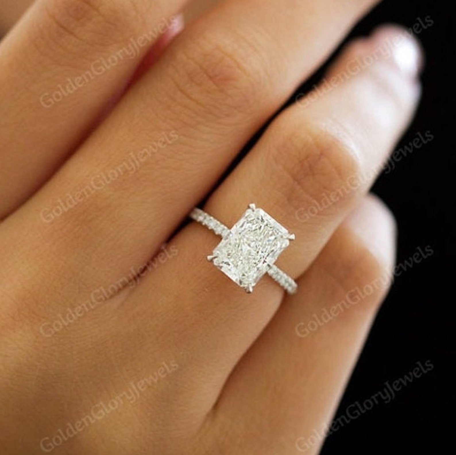 3CT Radiant Cut Moissanite Ring, Radiant Hidden Halo Moissanite Ring ...