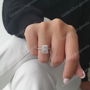 4CT Emerald Cut Moissanite Engagement Ring, Emerald Moissanite Hidden Halo Ring, Wedding Ring ...