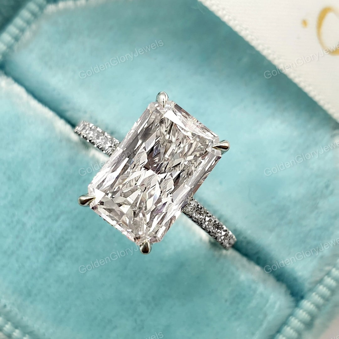 3ct Radiant Moissanite Engagement Ring, 4 Claw Prongs on Hidden Halo ...