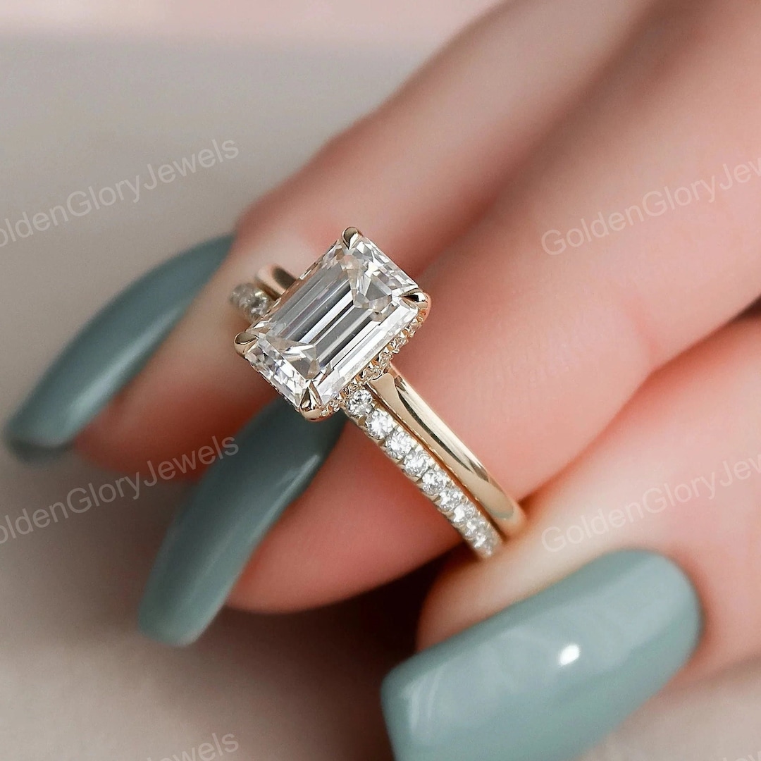 2 Ct Emerald Cut Moissanite Wedding Ring Set, Moissanite Engagement Ring Set, Vintage Bridal Set ...