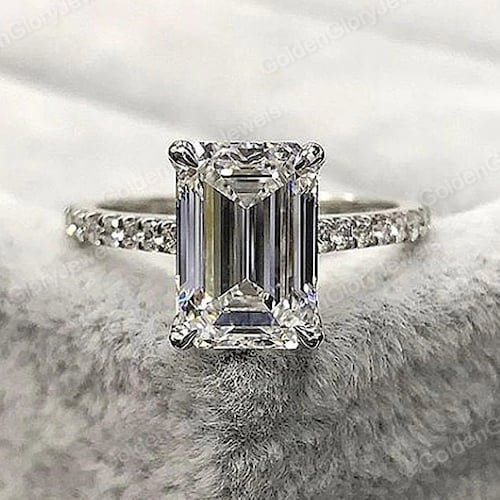3 3ct Emerald Cut Moissanite Engagement Ring Hidden Halo Etsy