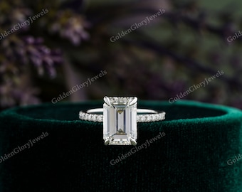 4CT Emerald Cut Moissanite Engagement Ring, Emerald Moissanite Hidden Halo Ring, Wedding Ring ...