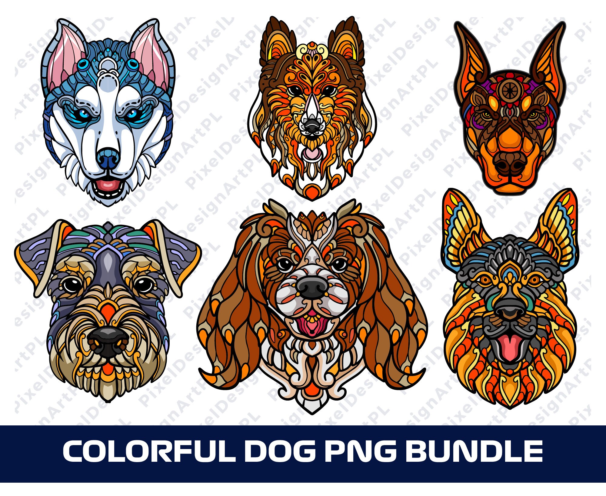Colorful Zentangle Dog PNG Bundle - 6 Designs, Dog PNG, Dog T-shirt ...