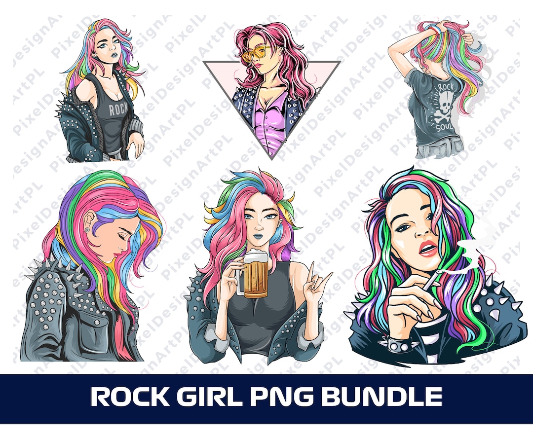 Rock Girl PNG Bundle - 6 Designs, Rock and Roll PNG, Unicorn Hair Png ...