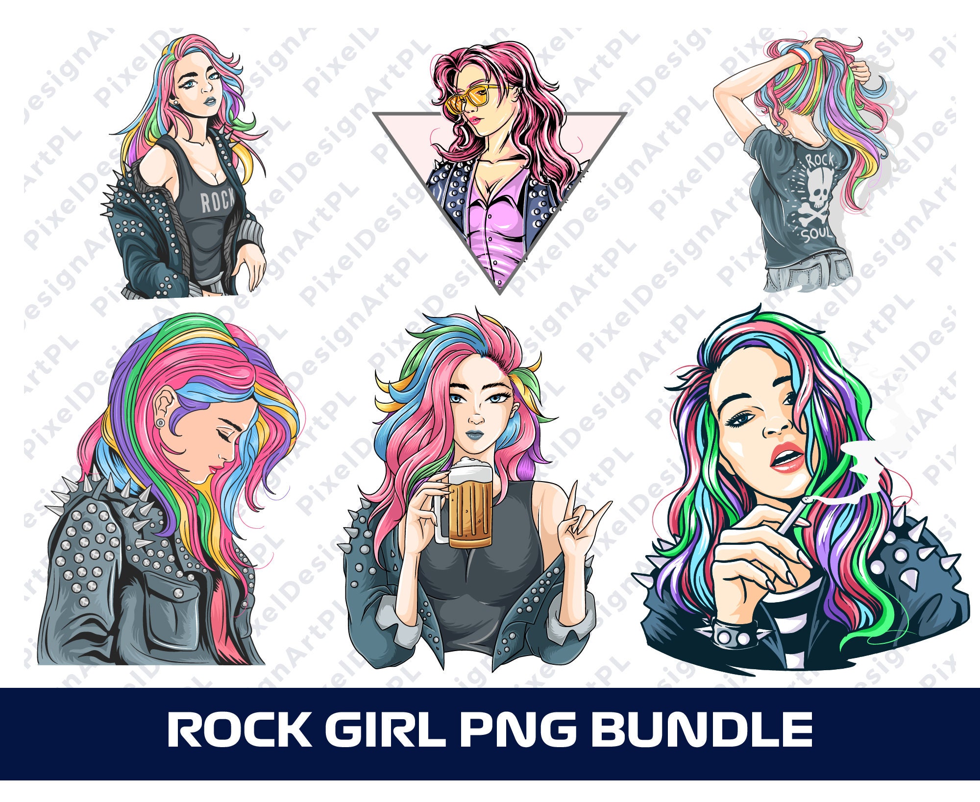 Rock Girl PNG Bundle - 6 Designs, Rock and Roll PNG, Unicorn Hair Png ...