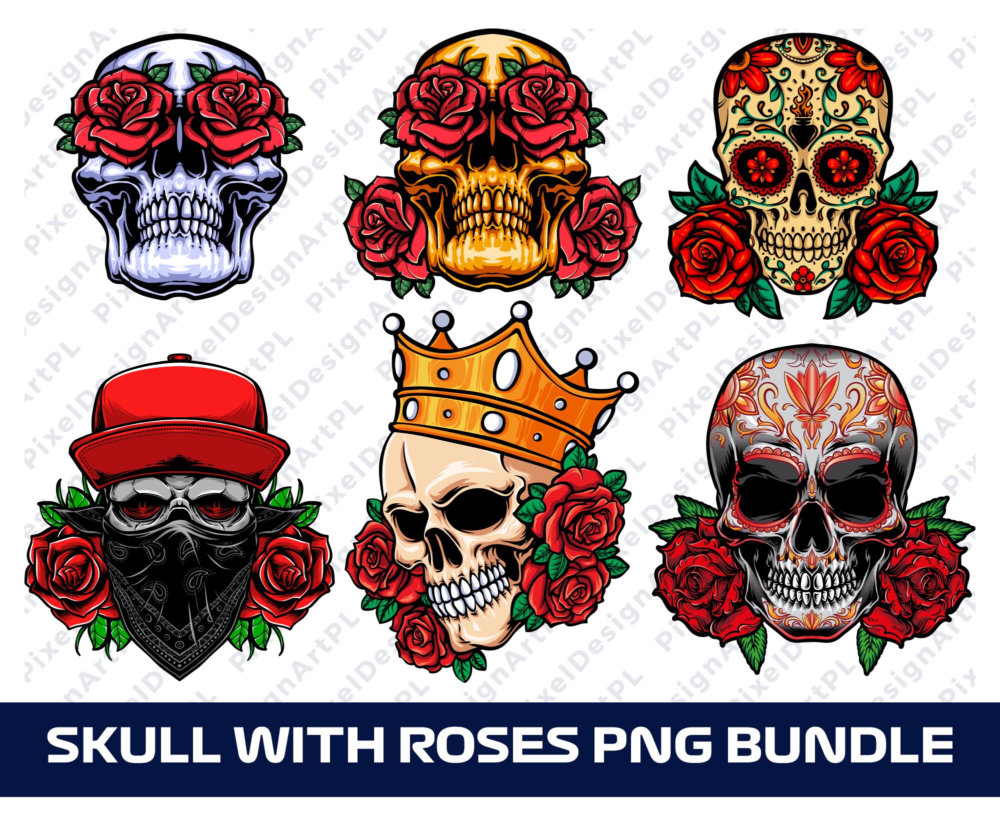 Skull With Roses PNG Bundle - 6 Designs, Skull PNG, Rose Png, Halloween ...