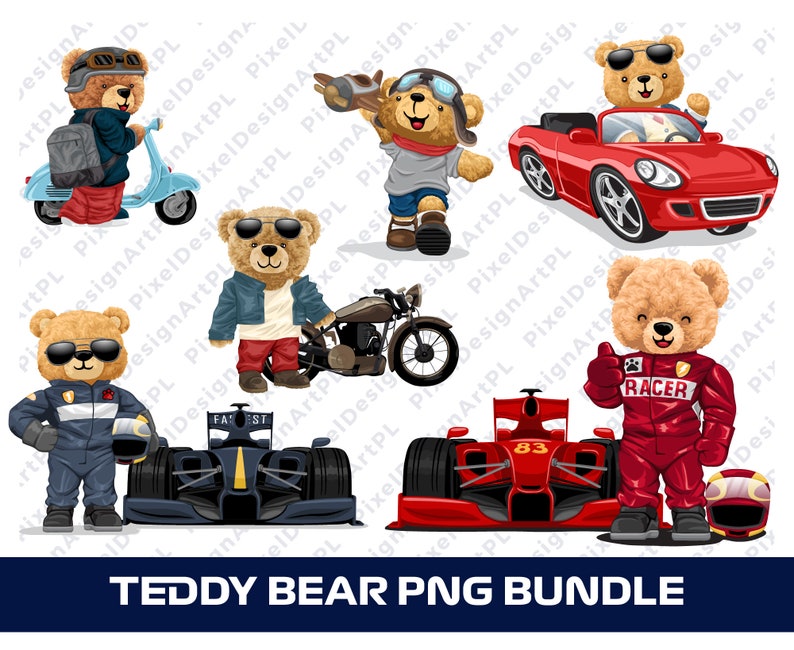 Cute Teddy Bear PNG Bundle - 6 Designs, Racing PNG, Teddy Bear ...