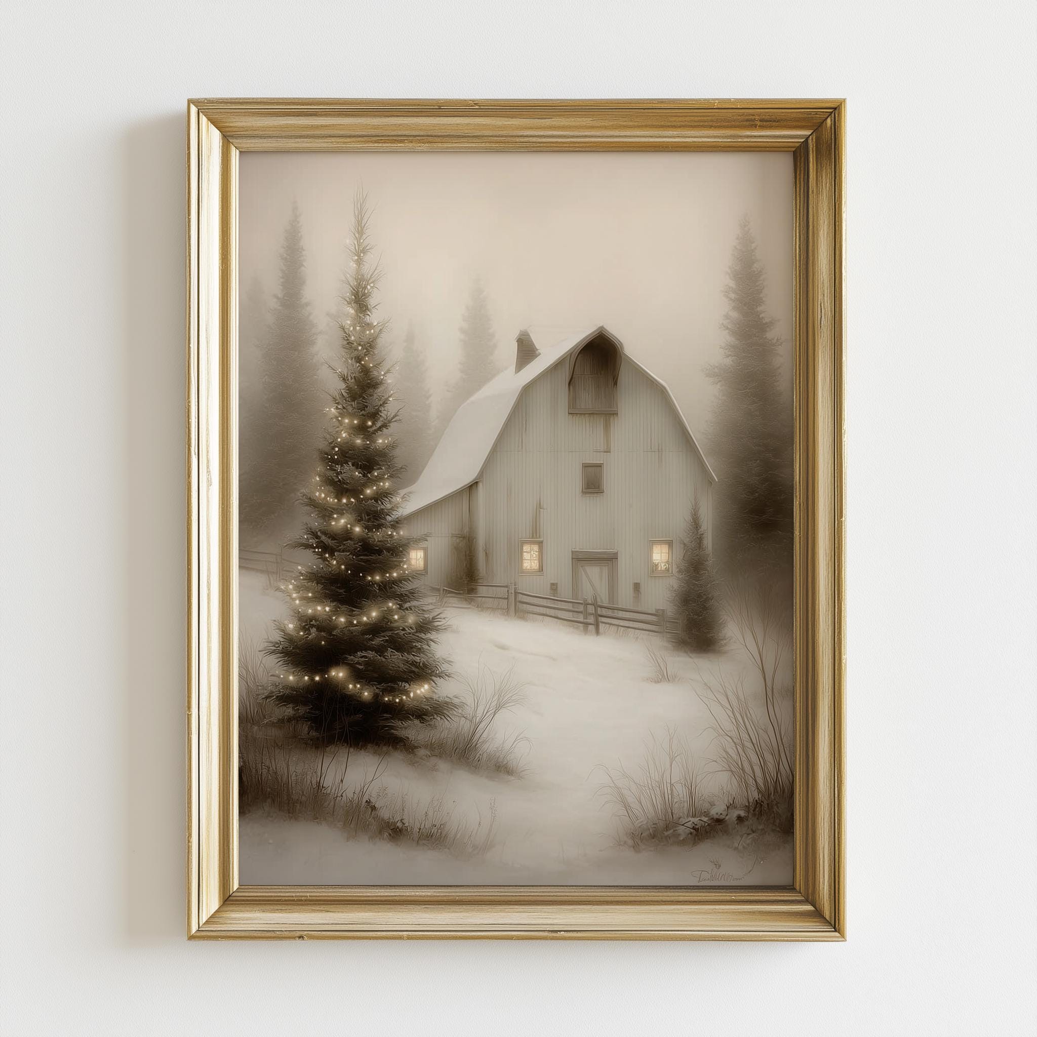 Impressão de árvore de Natal rústica em celeiro nevado, arte de parede ...