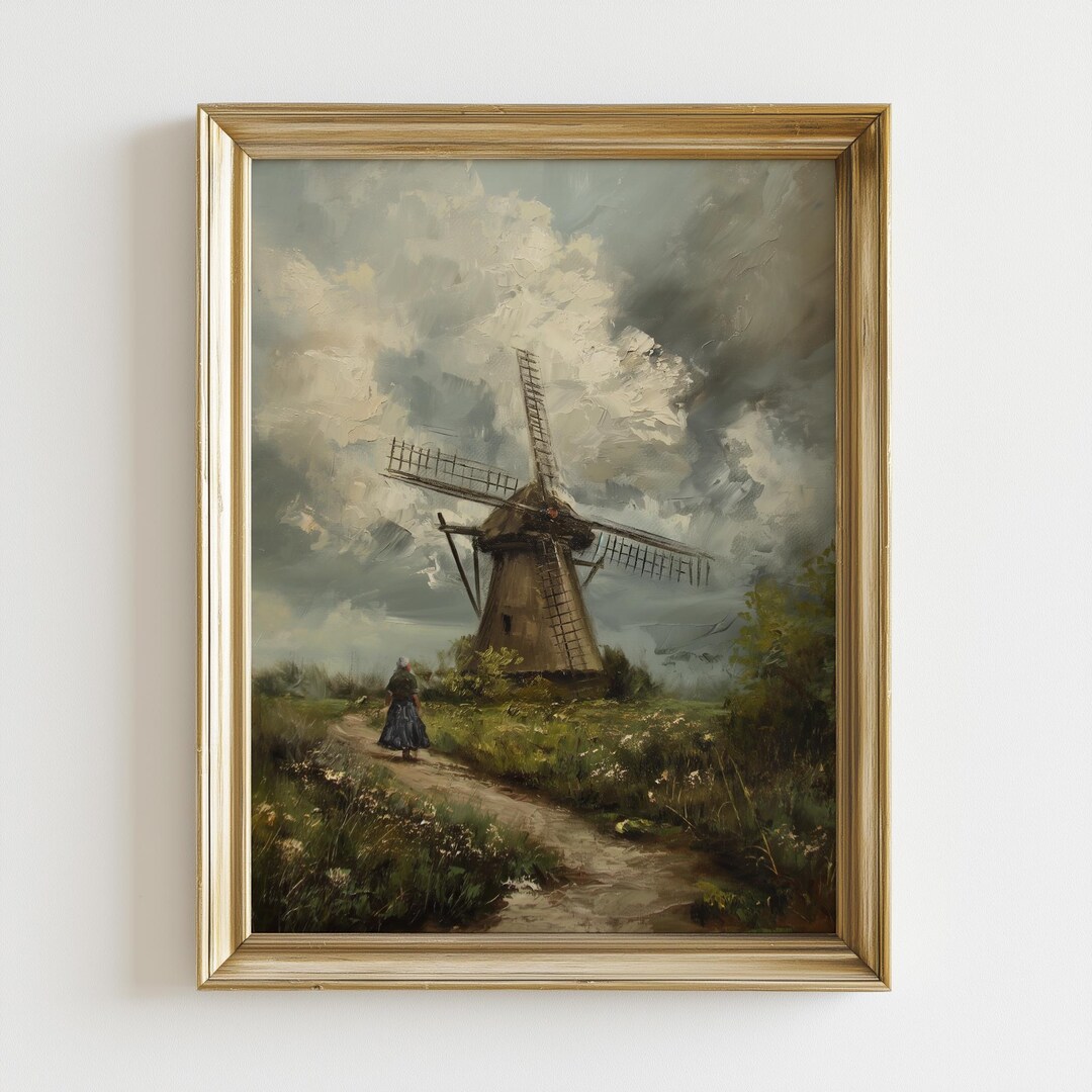Vintage Dutch Windmill Painting, European Farmhouse Wall Decor (digital ...