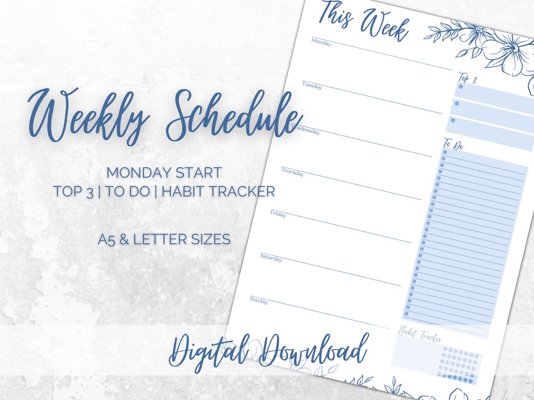 Undated Weekly Schedule - Digital Download - to Do List - Habit Tracker ...