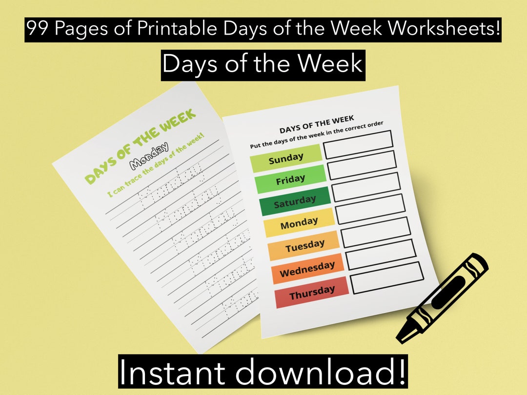 Days of the Week Printable Worksheets Children's - Etsy