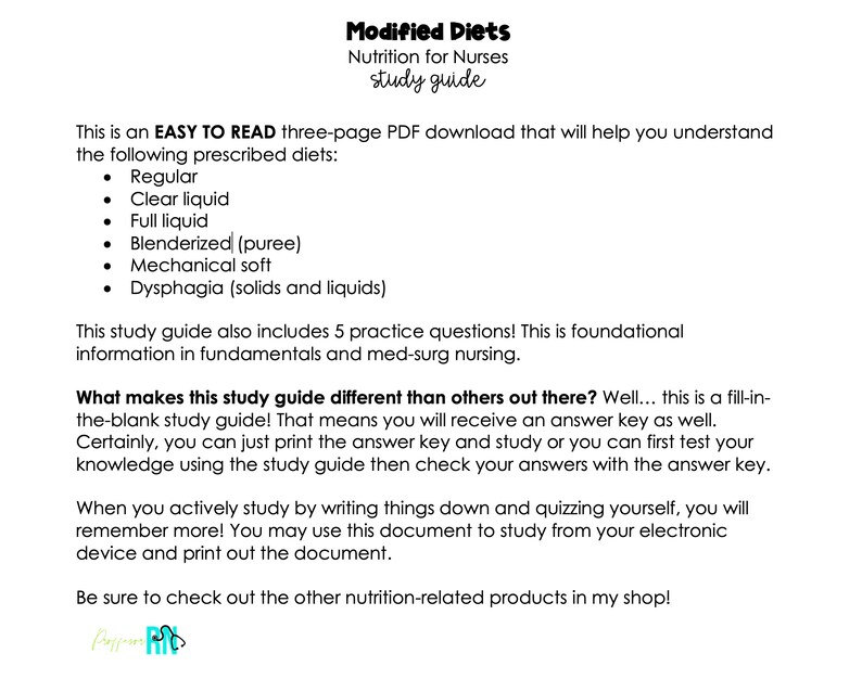Modified Diets Study Guide W/answer Key - Nutrition for Nurses *nursing ...