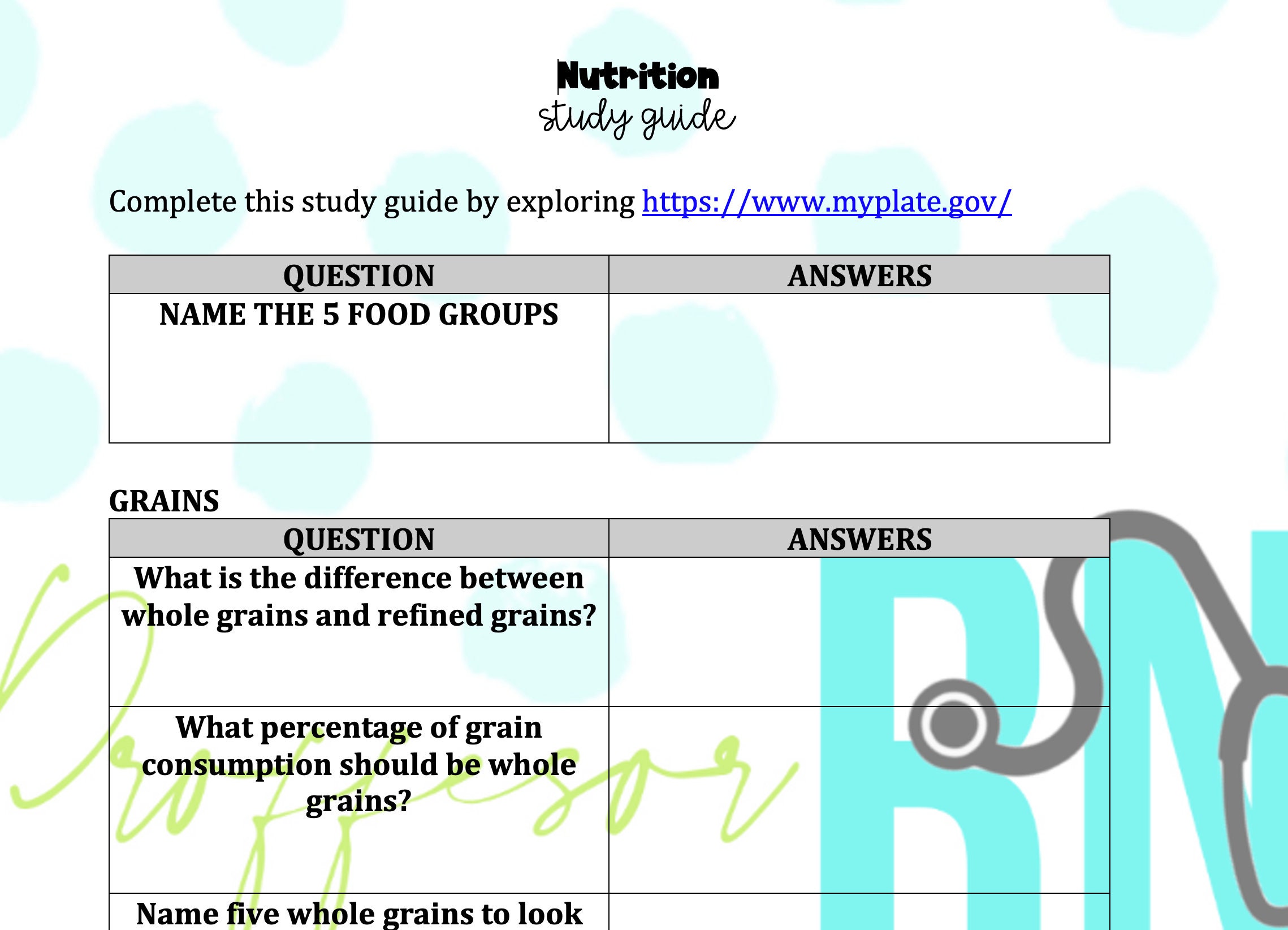 Nutrition Study Guide W/answer Key nursing Students - Etsy