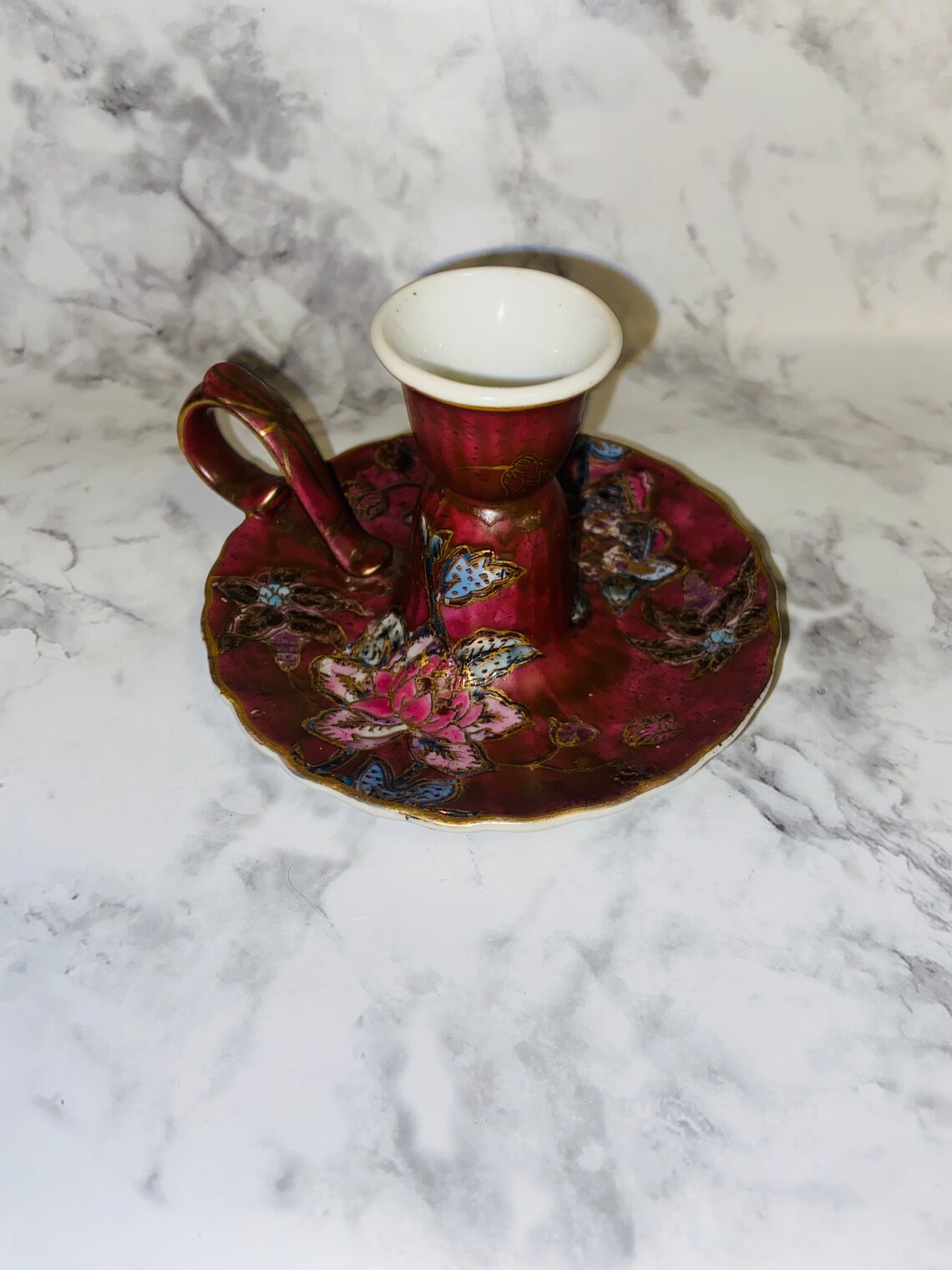 Rare Vintage Candle Holder / Porcelain Chamberstick / Glass - Etsy