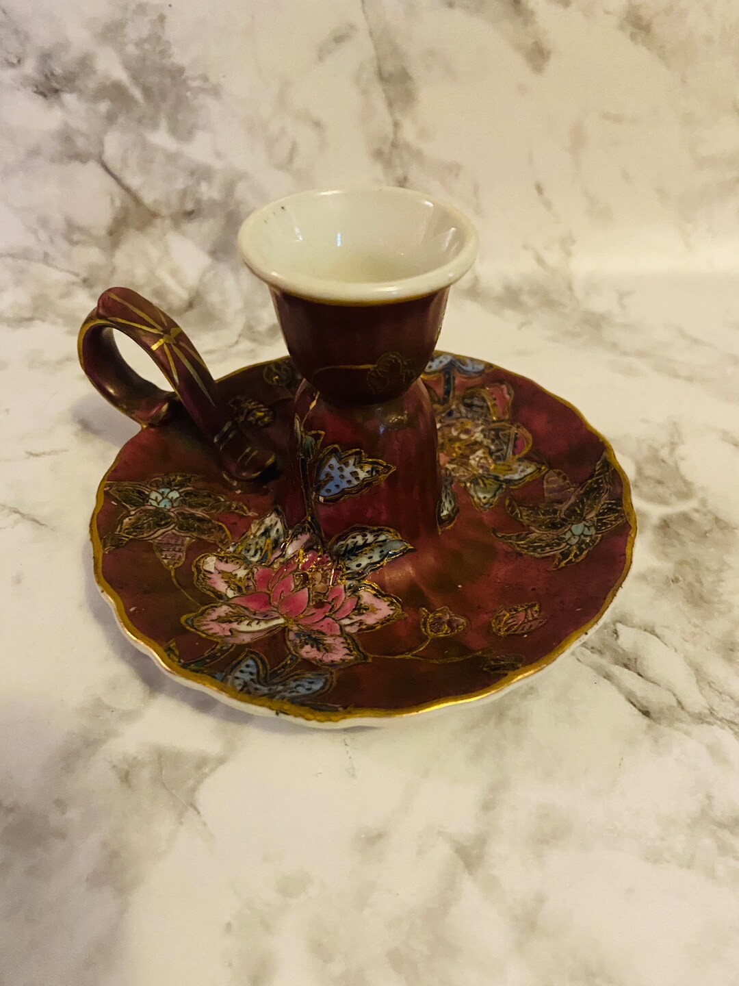 Rare Vintage Candle Holder / Porcelain Chamberstick / Glass - Etsy