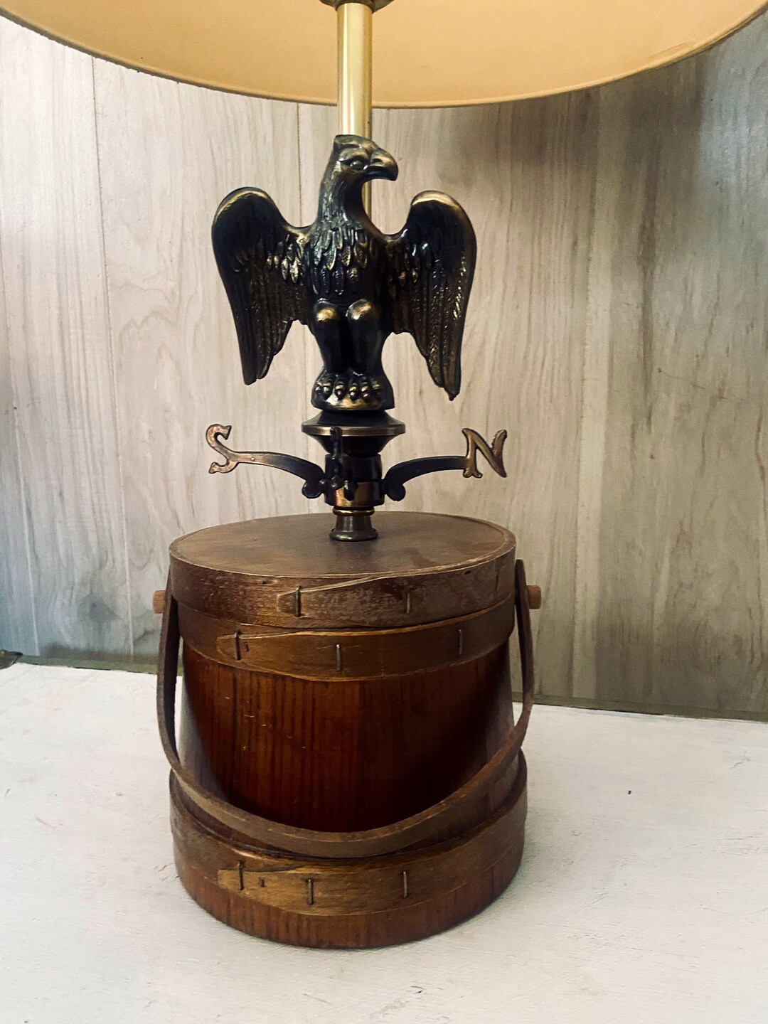 Mid Century Wooden Barrel Table Lamp With Lamp Shade / Vintage Brass ...