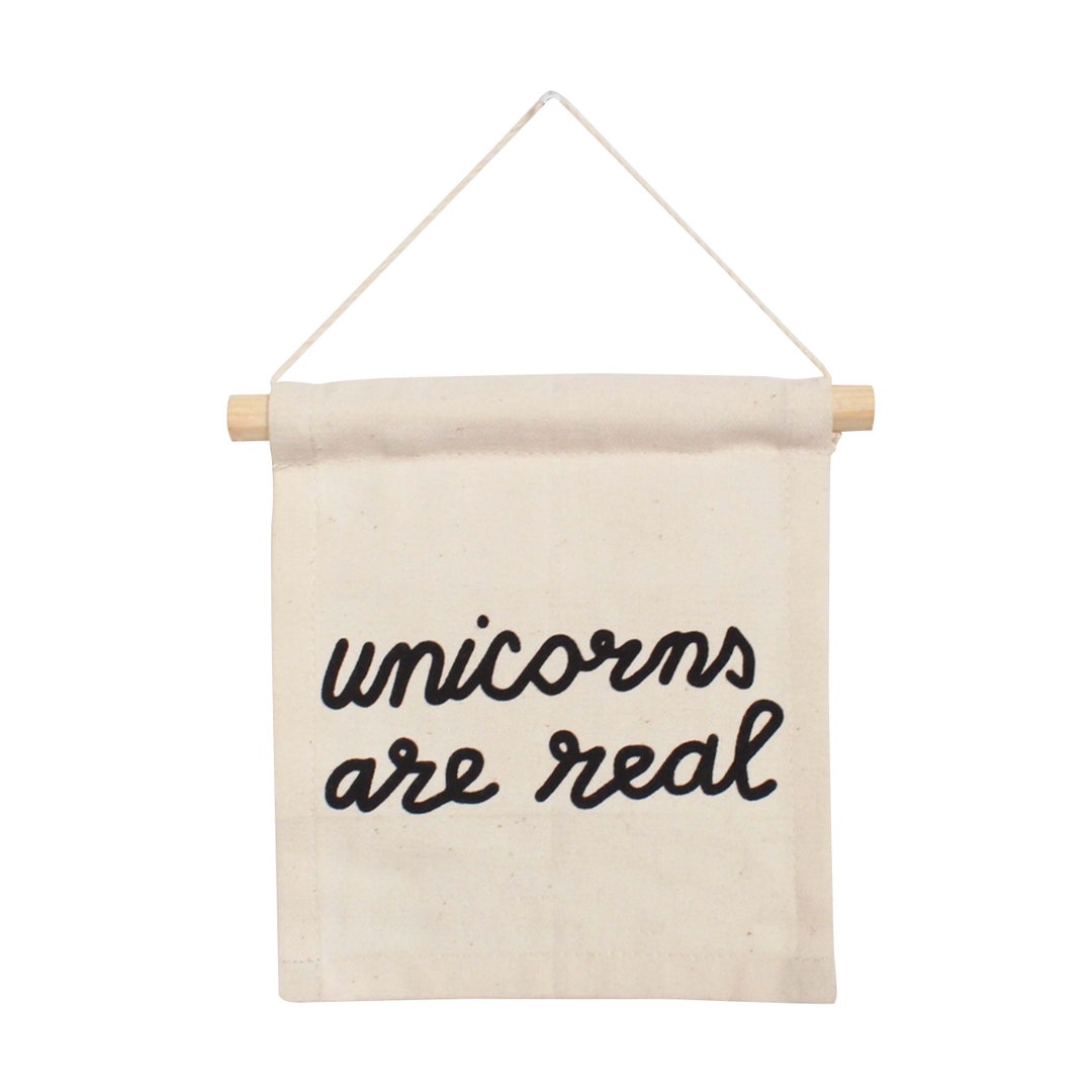 Unicorns Are Real Mini Wall Hanging Canvas Flag Wooden Dowel Small Wall Banner Wall Quote Head ...