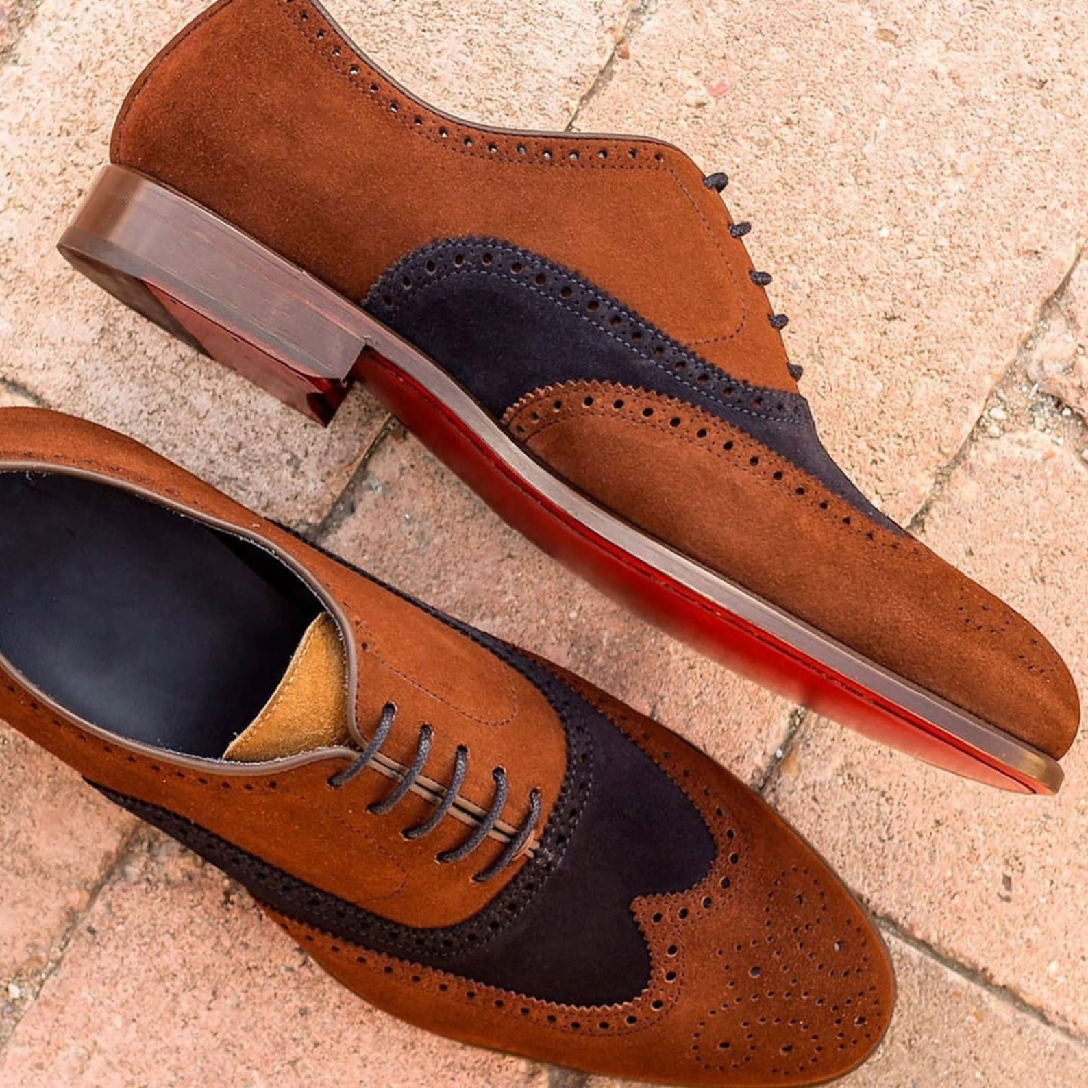 Handmade Leather Brown and Navy Suede Wingtips Brogue Shoes for Men's ...