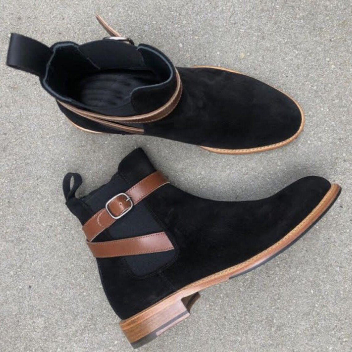 Black Chelsea Buckle Strap Boots for Men Handmade Black Suede Ankle ...