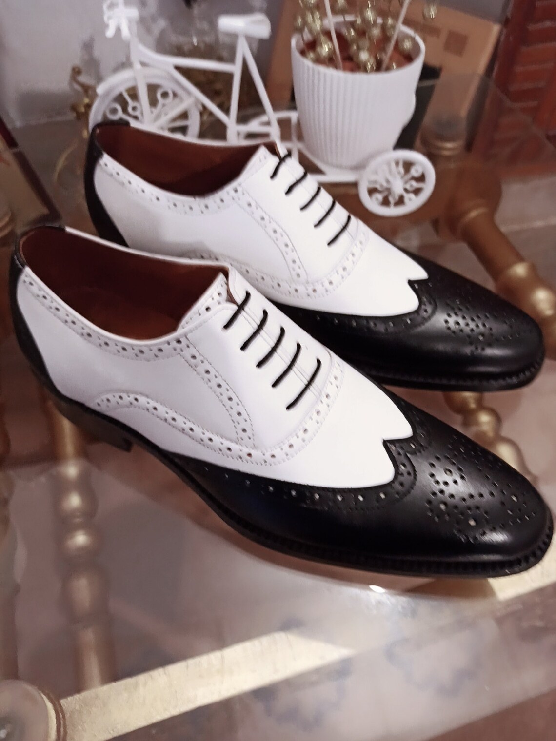 Handmade Leather Black and White Wingtips Brogue Shoes for Men's Dress ...