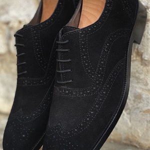 Handmade Leather Black Suede Wingtips Brogue Shoes for Men's Dress ...