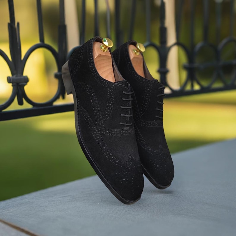 Handmade Leather Black Suede Wingtips Brogue Shoes for Men's Dress ...