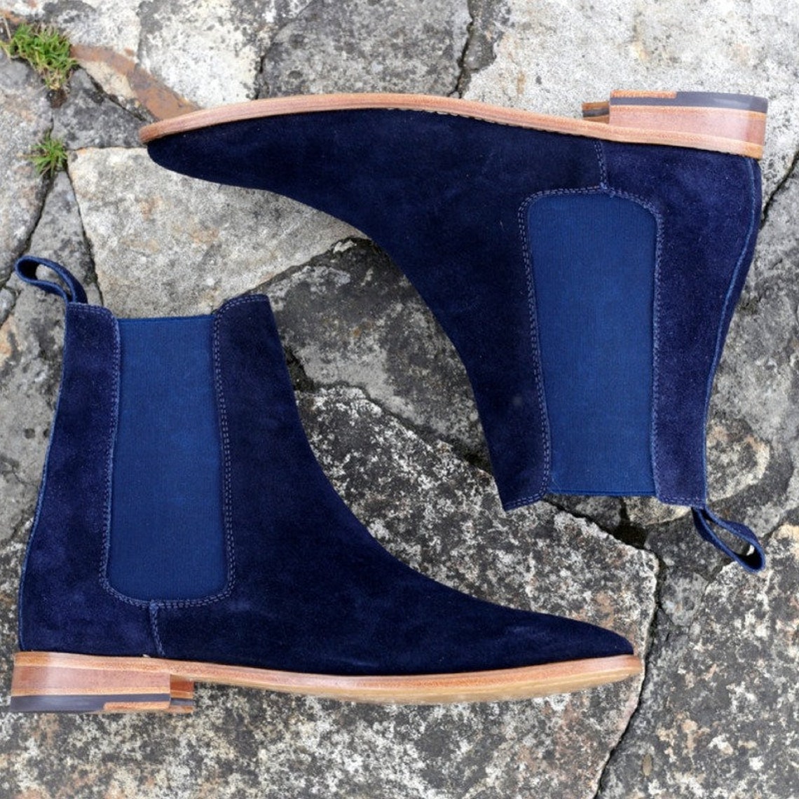 Navy Blue Leather Suede Chelsea Boots for Men's Dress Boots, Handmade ...