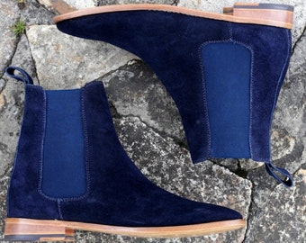 Navy Blue Suede Chelsea Boots for Men's Black Leather Boots, Black ...