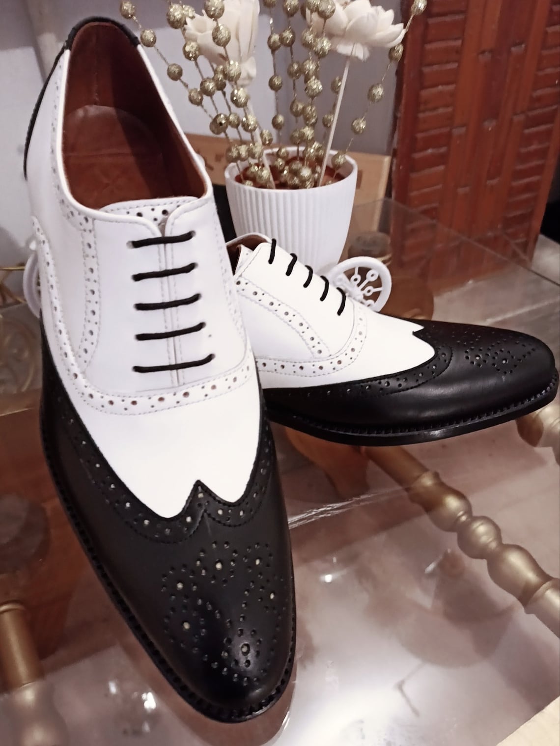 Handmade Leather Black and White Wingtips Brogue Shoes for Men's Dress ...