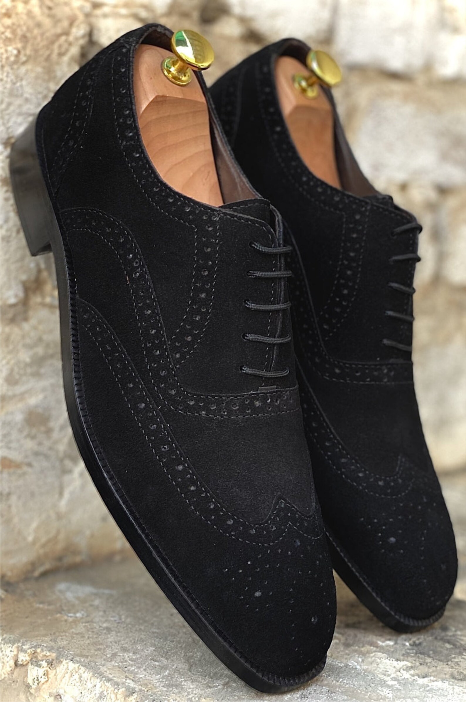 Handmade Leather Black Suede Wingtips Brogue Shoes for Men's Dress ...