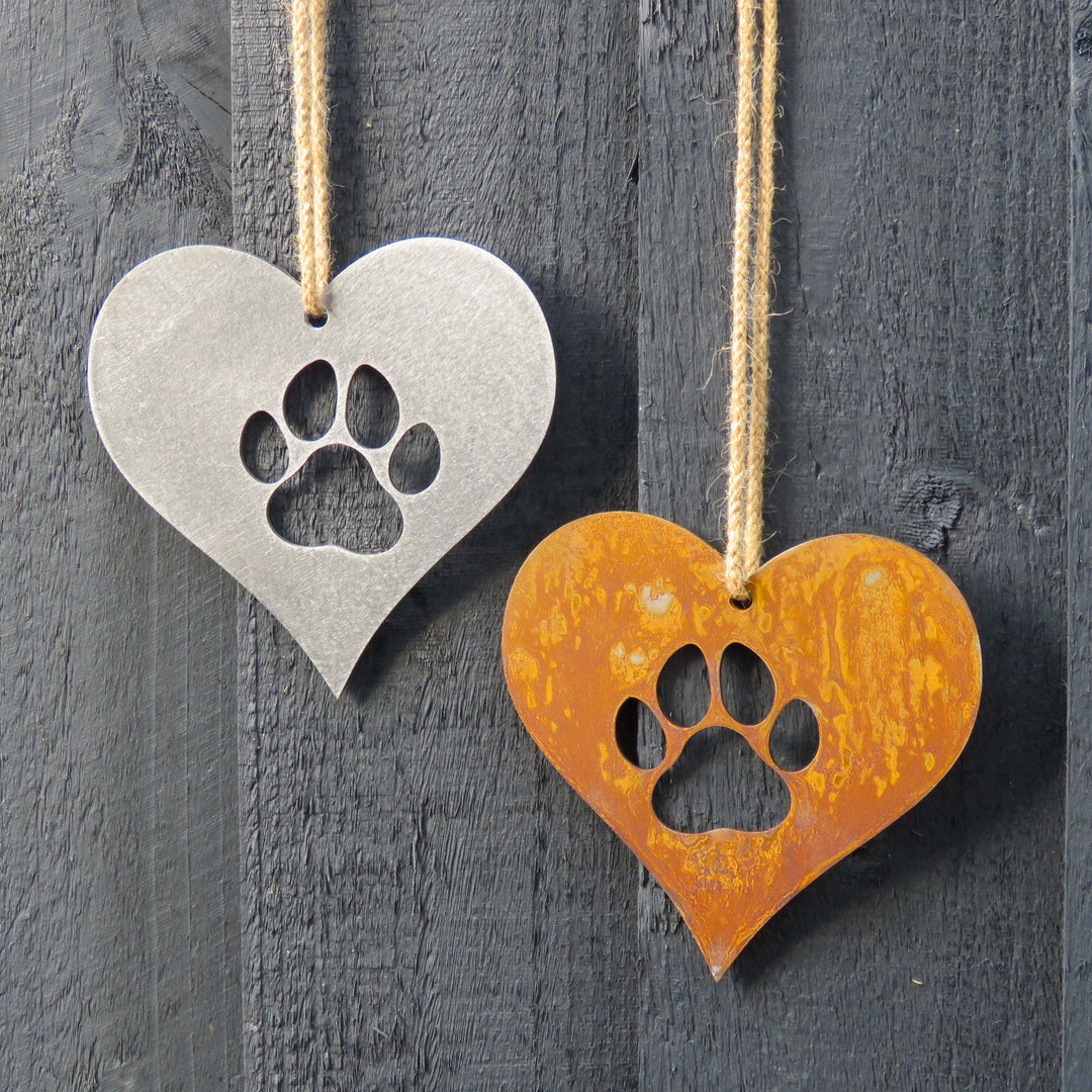 Handcrafted Metal Dog Paw Print Love Heart, Rusty Metal Dog Paw Print ...