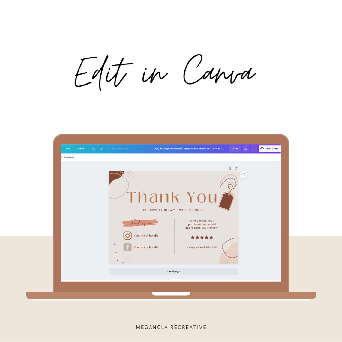 Digital Download Editable and Printable Thank You Card for Small ...