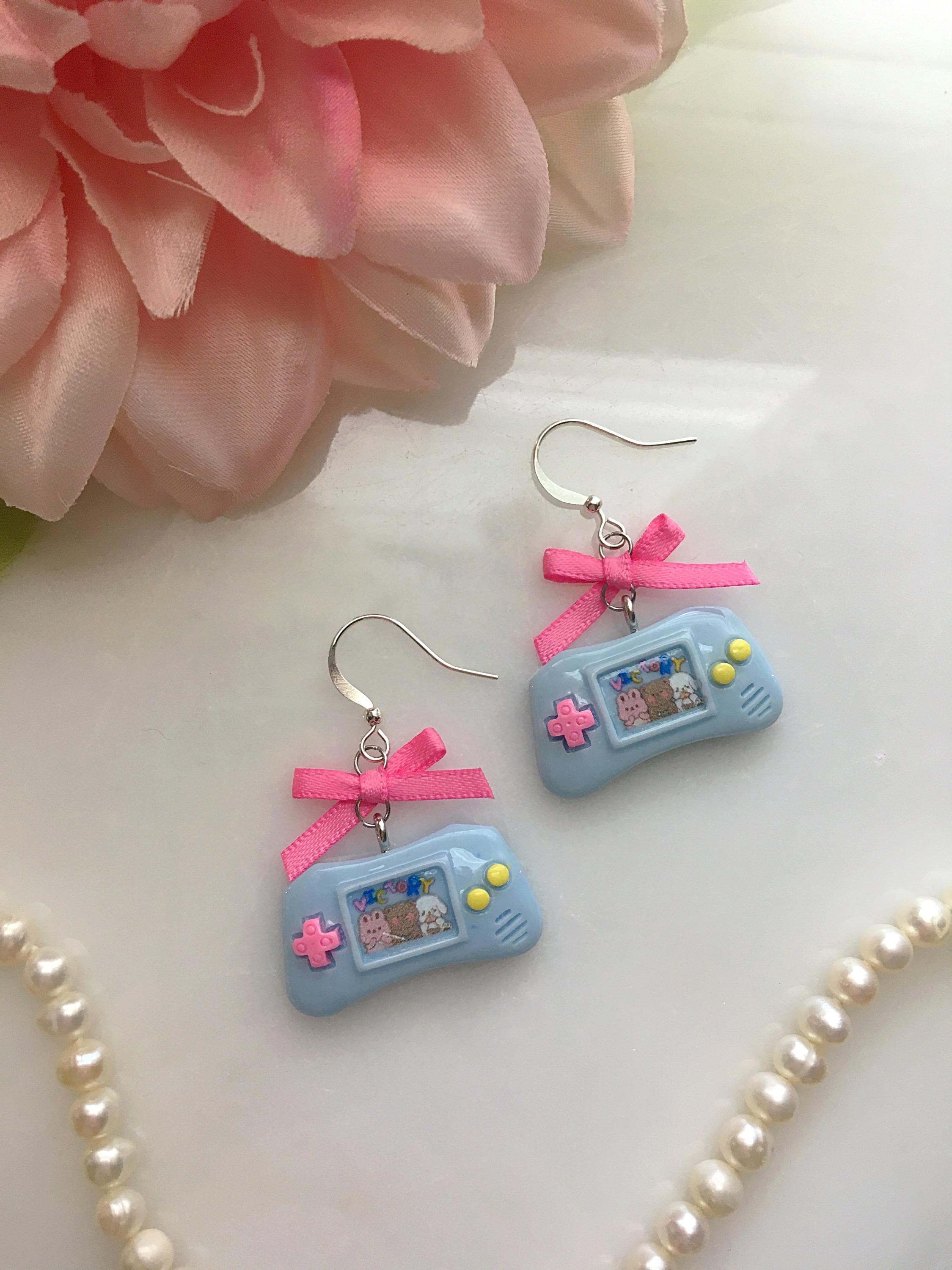 Pink & Blue Game Console Earrings, Pastel Pink Bow Gamer Earrings ...