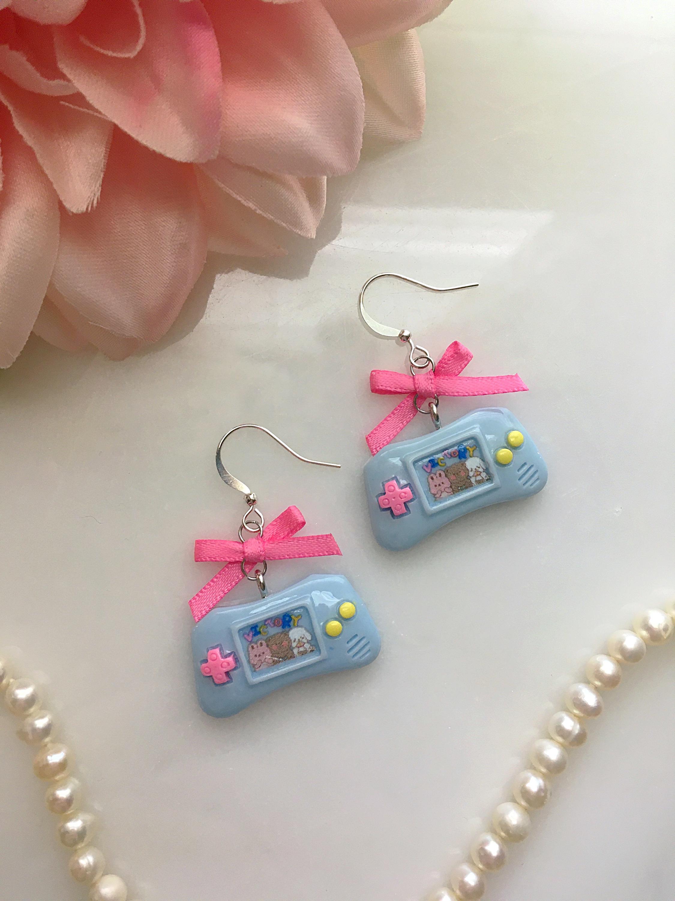 Pink & Blue Game Console Earrings, Pastel Pink Bow Gamer Earrings ...