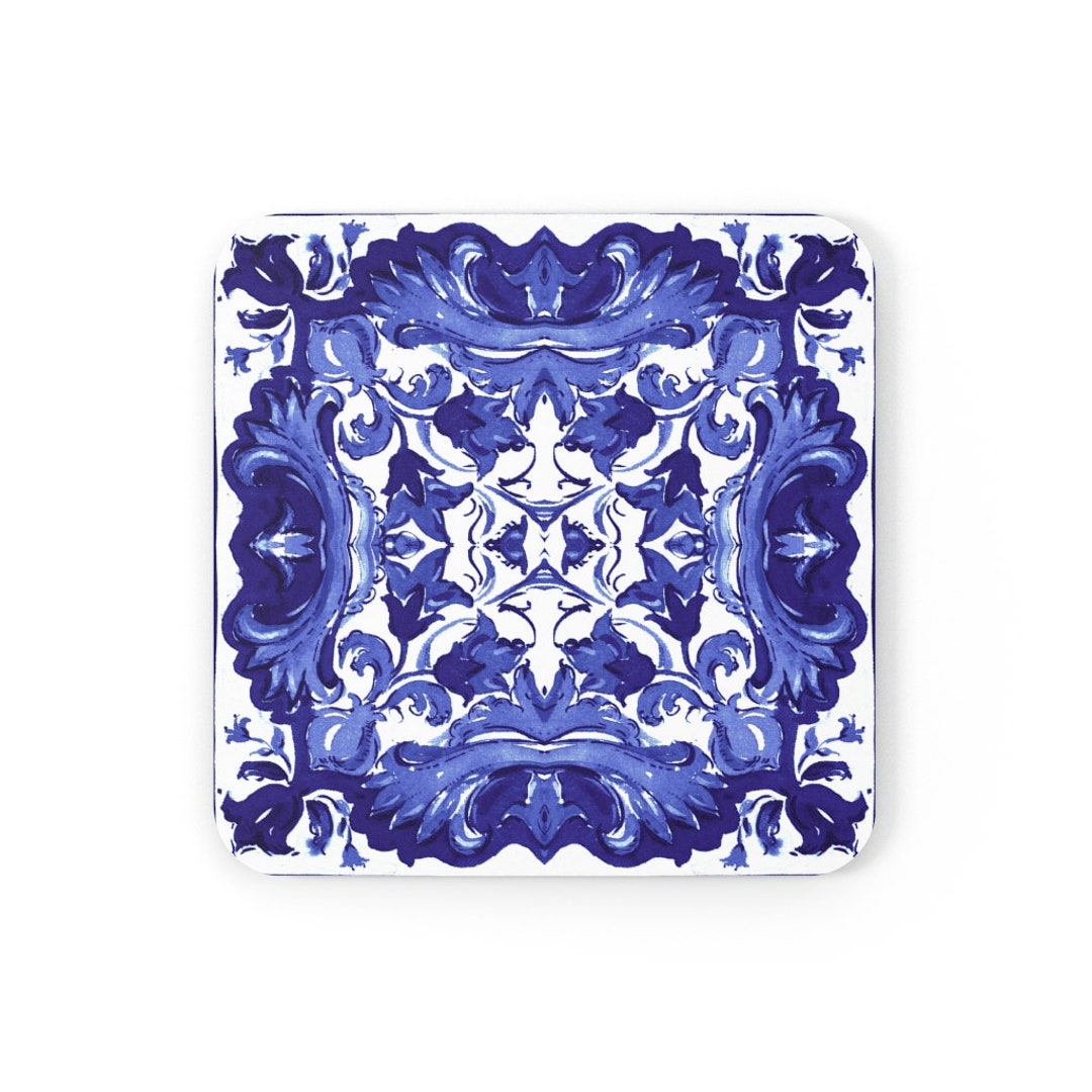Blue Italian Majolica Tiles Coaster Set, Baroque Italian Coasters ...