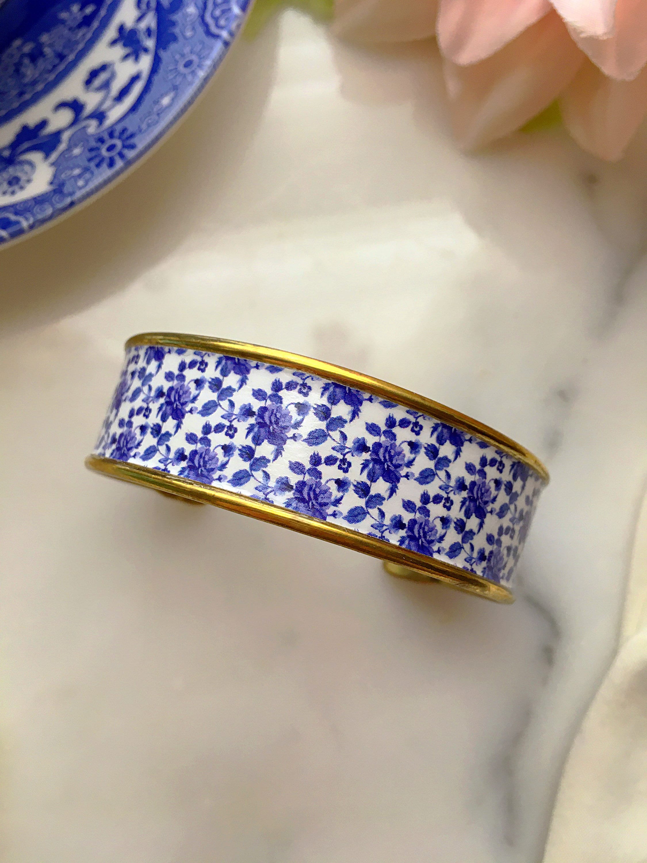 Blue and White Chinoiserie Cuff Bracelet, Floral China Pattern Bracelet ...