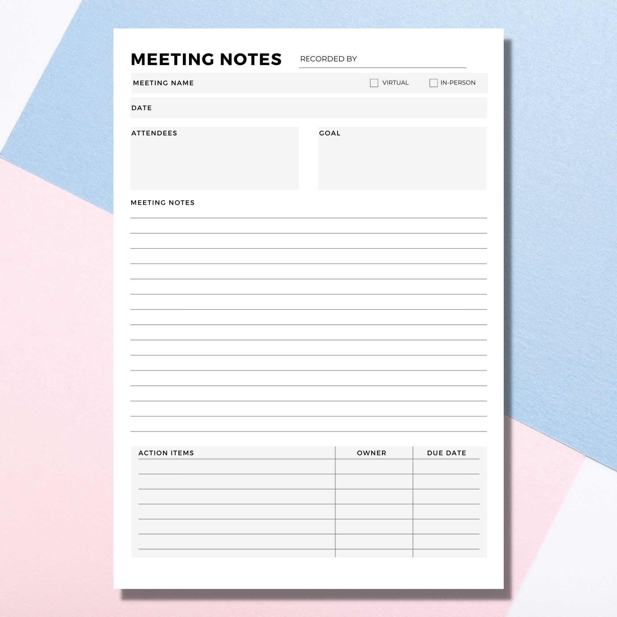 Minimalist Meeting Notes Template | Digital Download | Instant Access ...