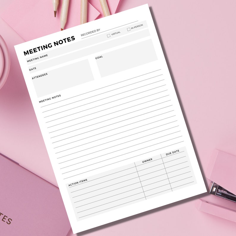 Minimalist Meeting Notes Template | Digital Download | Instant Access ...