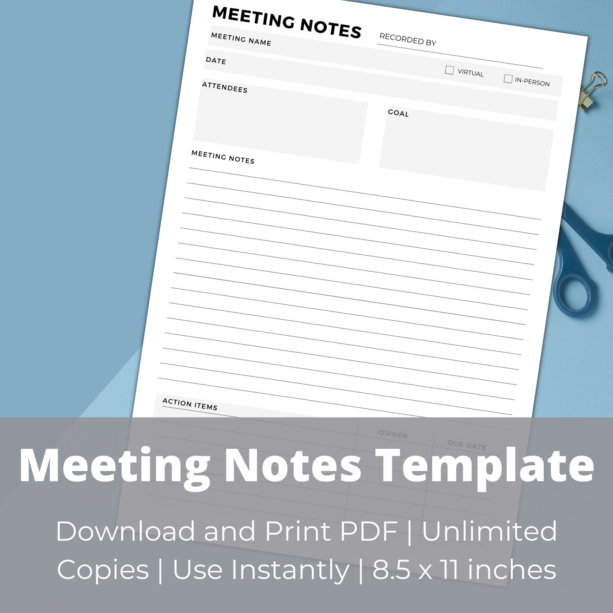 Minimalist Meeting Notes Template | Digital Download | Instant Access ...