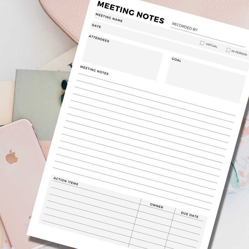 Minimalist Meeting Notes Template | Digital Download | Instant Access ...