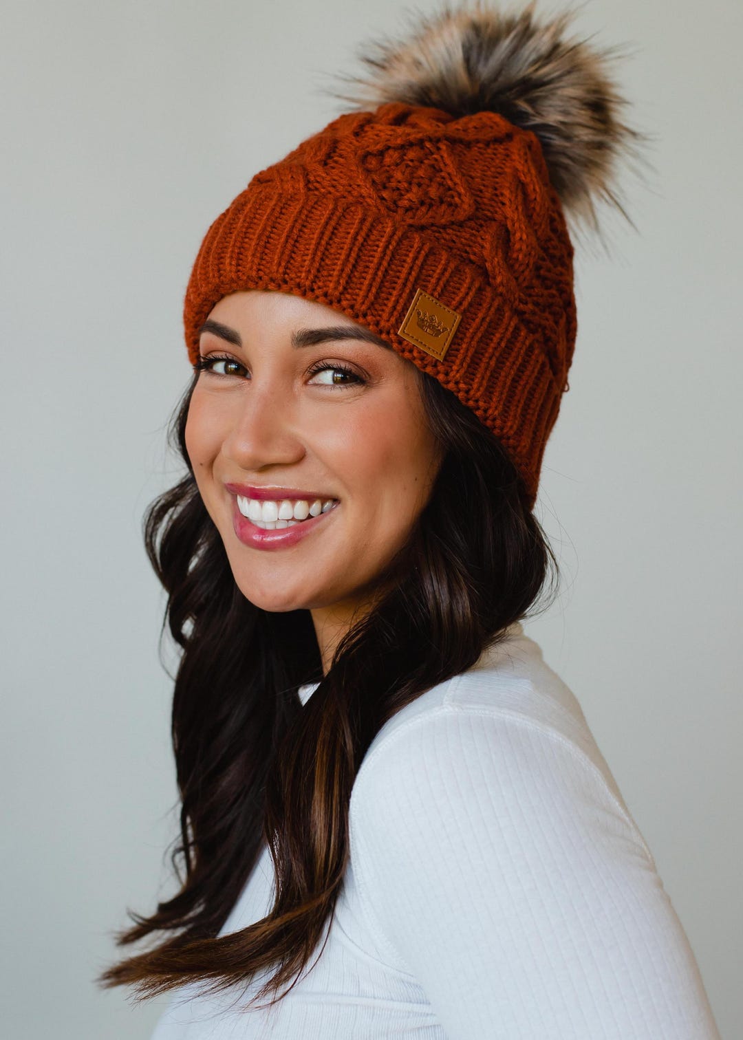 Rust Cable Knit Pom Hat | Fleece Lined Winter Hat | Winter Accessories ...