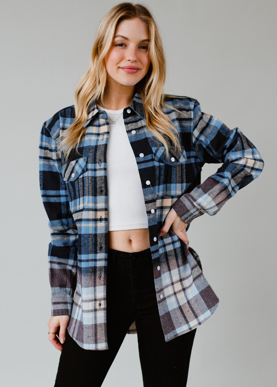 Navy, Tan & Light Blue Plaid Flannel | Bleached Dipped Contrast | Women ...