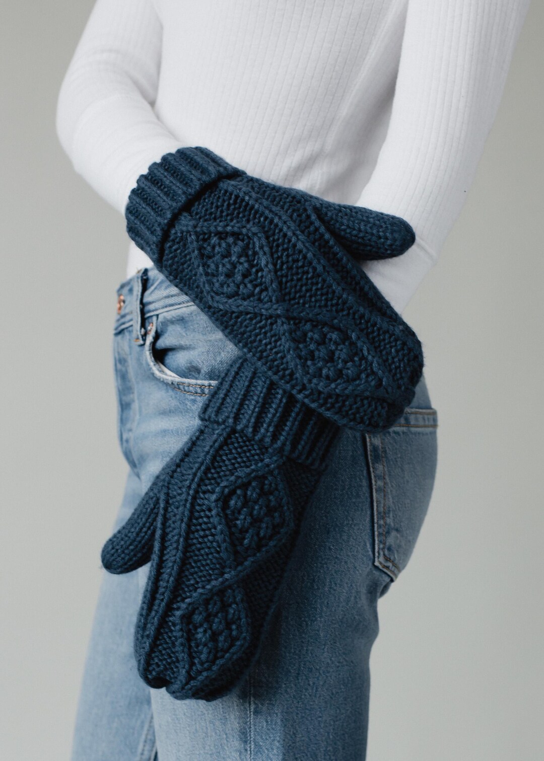Steel Blue Cable Knit Mittens Fleece Lined Mittens Women's Mittens ...