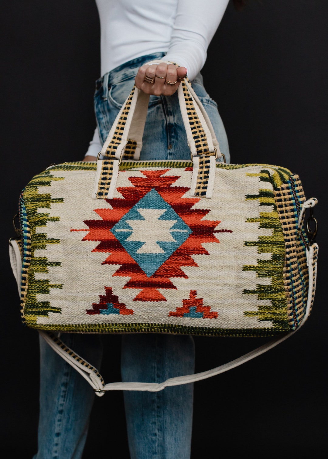 Tan & Multicolored Aztec Duffel | Aztec Inspired Duffel Bag | Summer ...