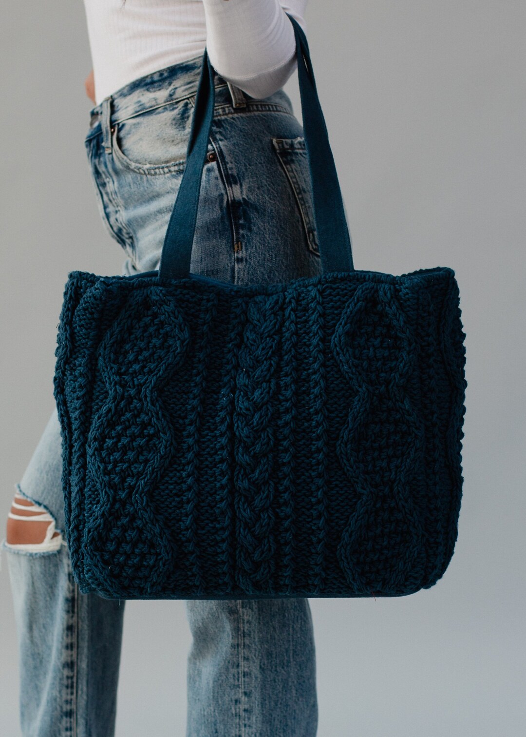 Steel Blue Cable Knit Tote Women's Tote Bag Cable Knit Tote Bag Travel ...