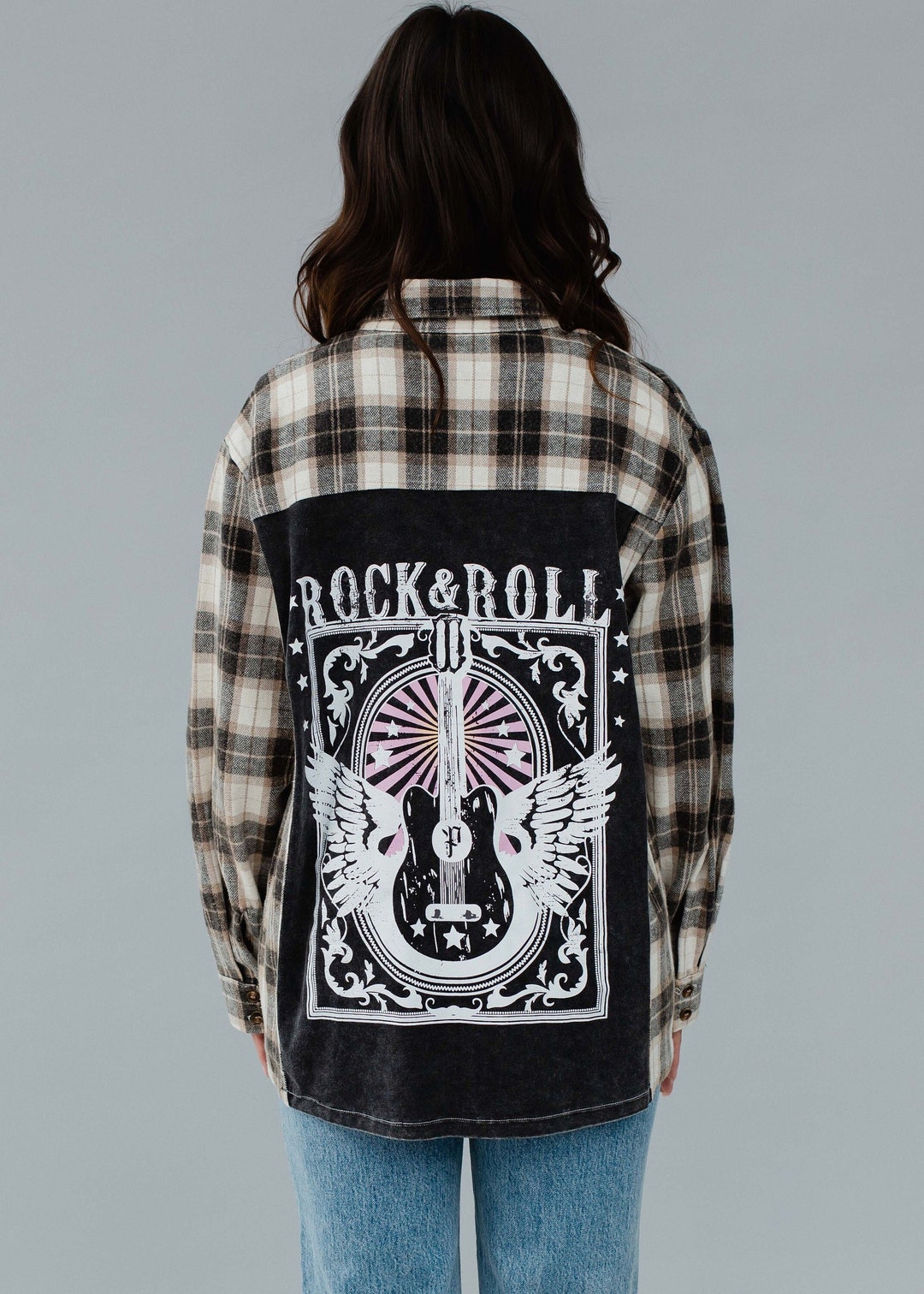 Cream, Tan & Black Patch Flannel Women's Patch Flannel Rock and Roll ...
