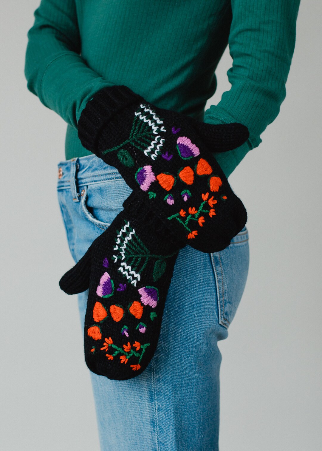 Black Hand Stitched Floral Knit Mittens Hand Stitched Embroidery Floral ...