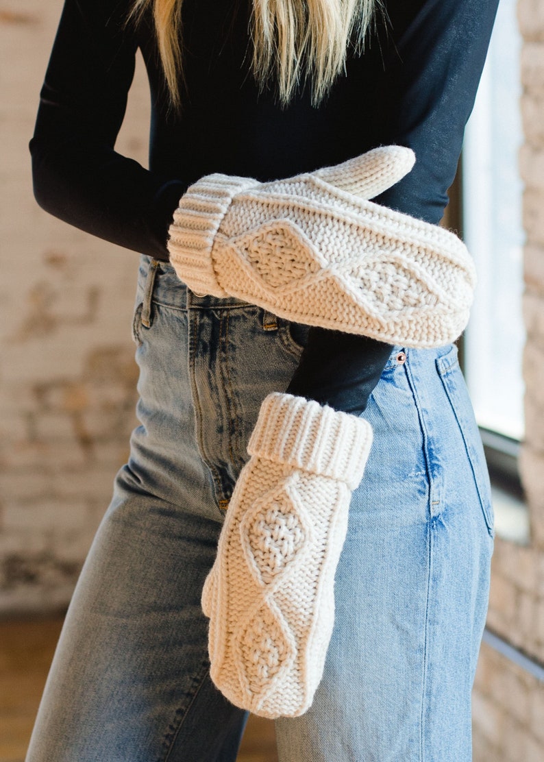Beige Cable Knit Mittens Winter Mittens Fleece Lined - Etsy
