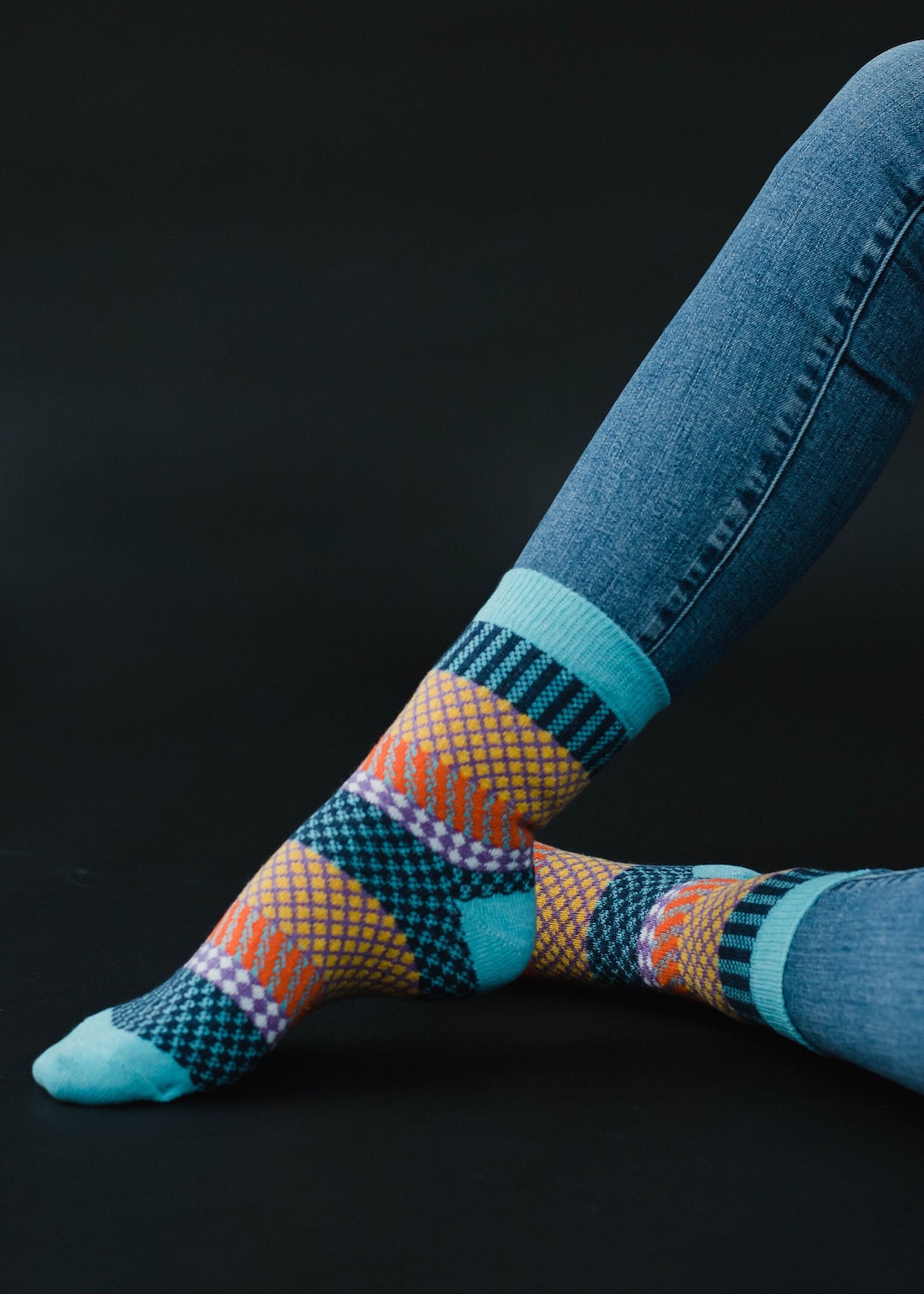 Light Blue, Navy & Orange Patterned Socks Multicolored Patterned Socks ...