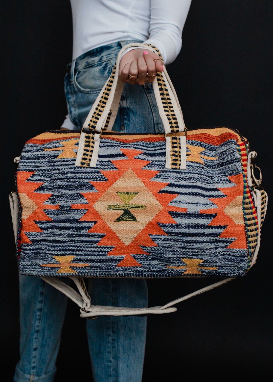 Blue & Multicolored Aztec Duffel Aztec Inspired Duffel Bag Travel Bag ...